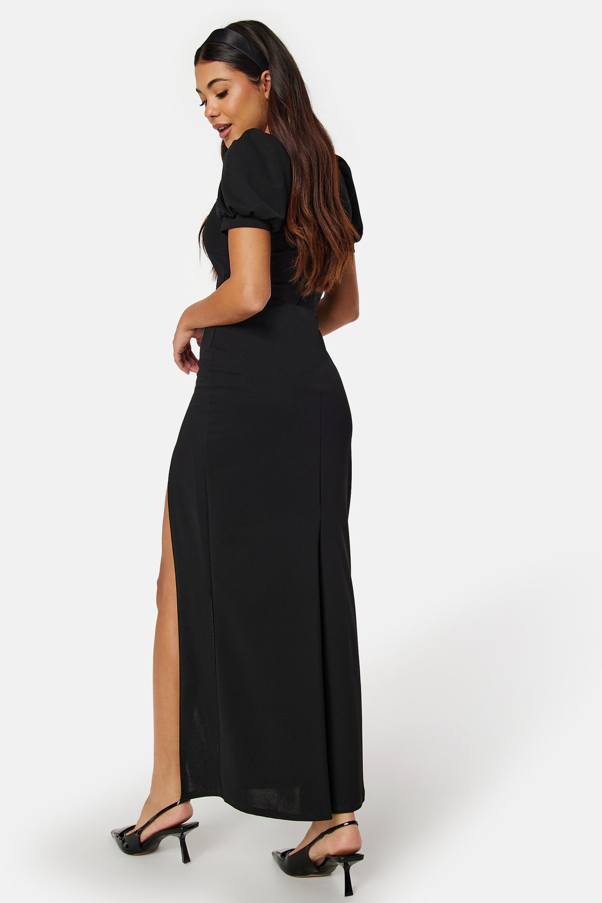 John zack – Puff Sleeve Maxi Dress With Split – campaign-outlet – Black
